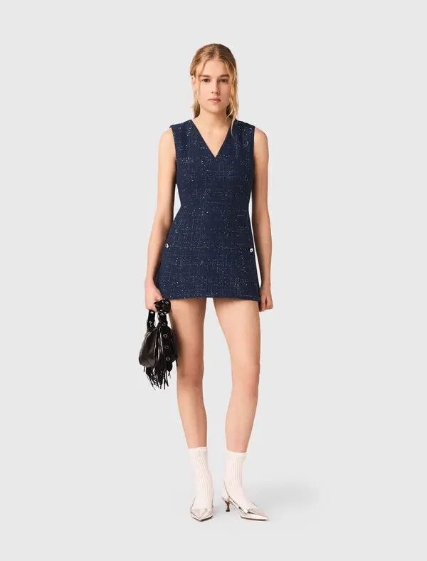 Maje Cotton Tweed Playsuit With Rhinestone Detail - Navy