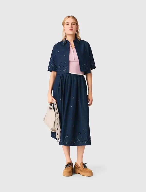 Maje Embroidered Cropped Denim Shirt - Navy