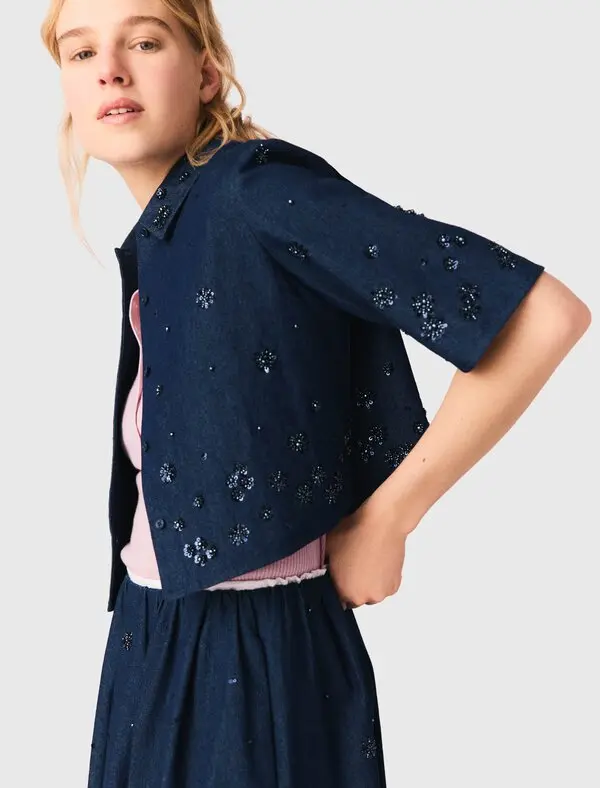 Maje Embroidered Cropped Denim Shirt - Navy