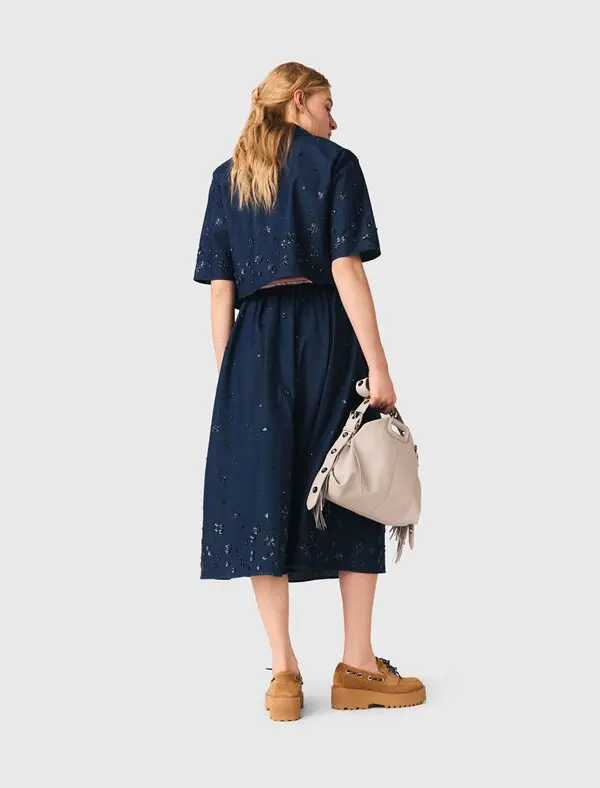 Maje Embroidered Cropped Denim Shirt - Navy