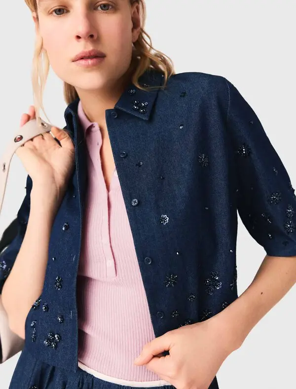 Maje Embroidered Cropped Denim Shirt - Navy