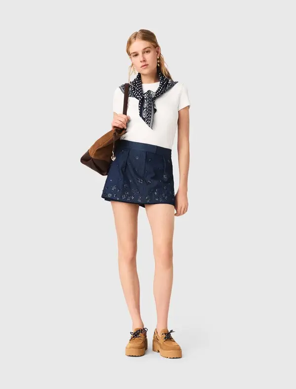 Maje Embroidered Denim Skort - Navy