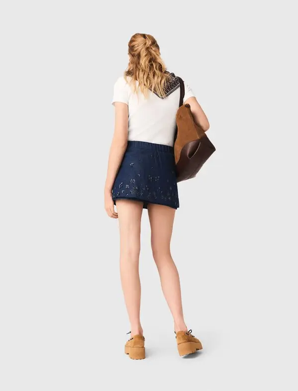 Maje Embroidered Denim Skort - Navy