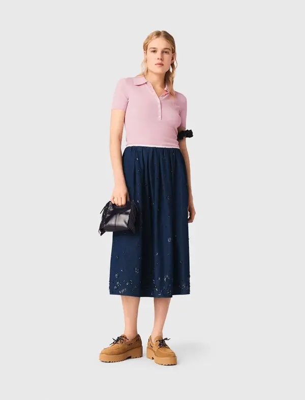 Maje Embroidered Denim Midi Skirt - Navy