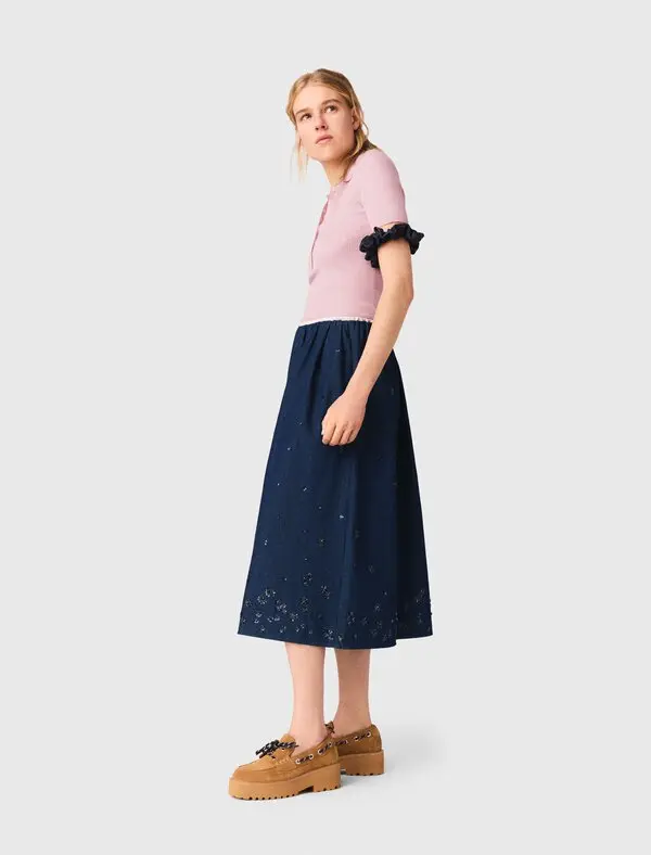 Maje Embroidered Denim Midi Skirt - Navy