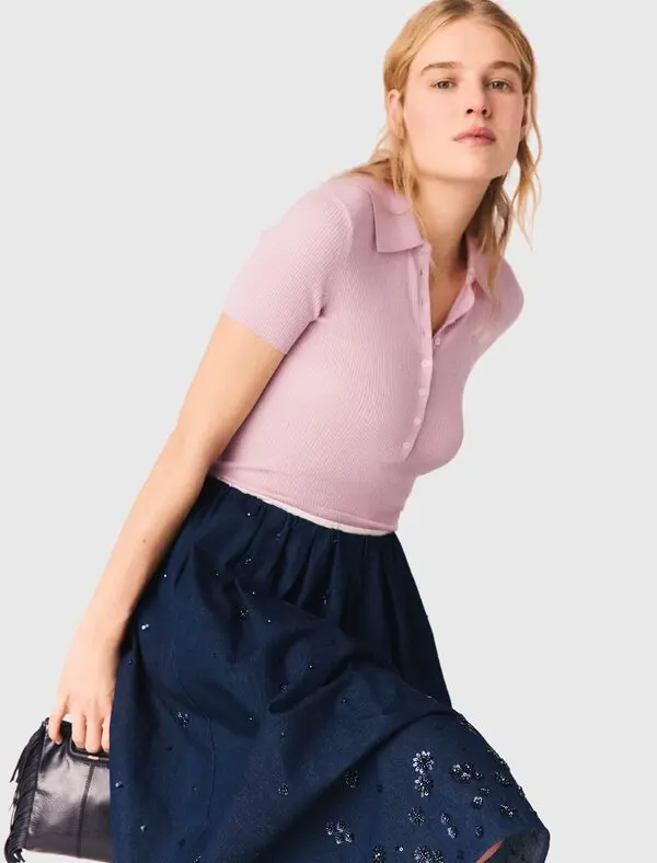 Maje Embroidered Denim Midi Skirt - Navy