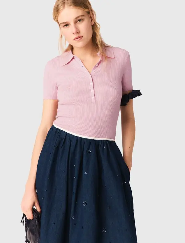 Maje Embroidered Denim Midi Skirt - Navy