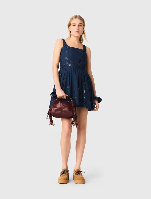 Maje Flared Embroidered Denim Dress - Navy