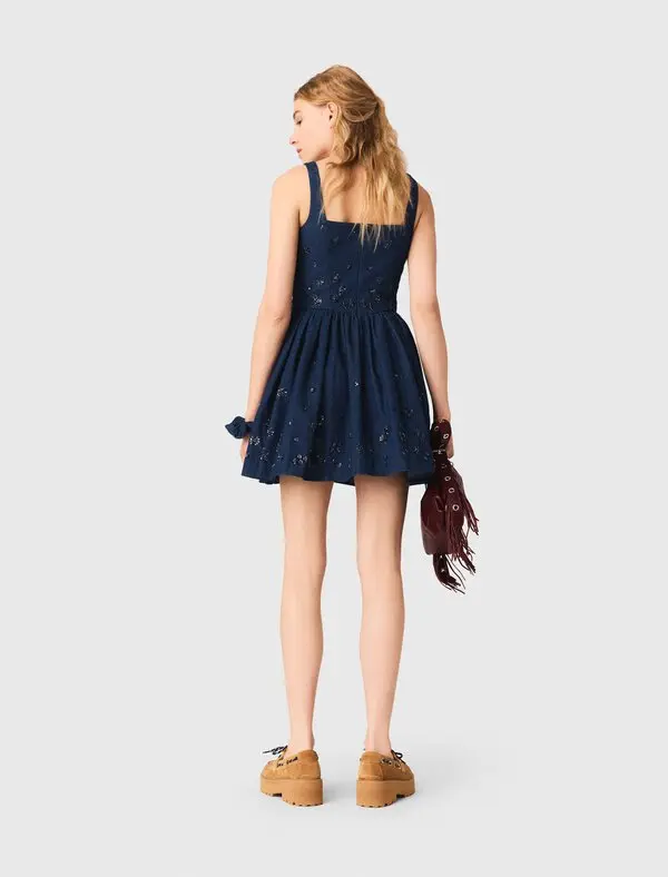 Maje Flared Embroidered Denim Dress - Navy