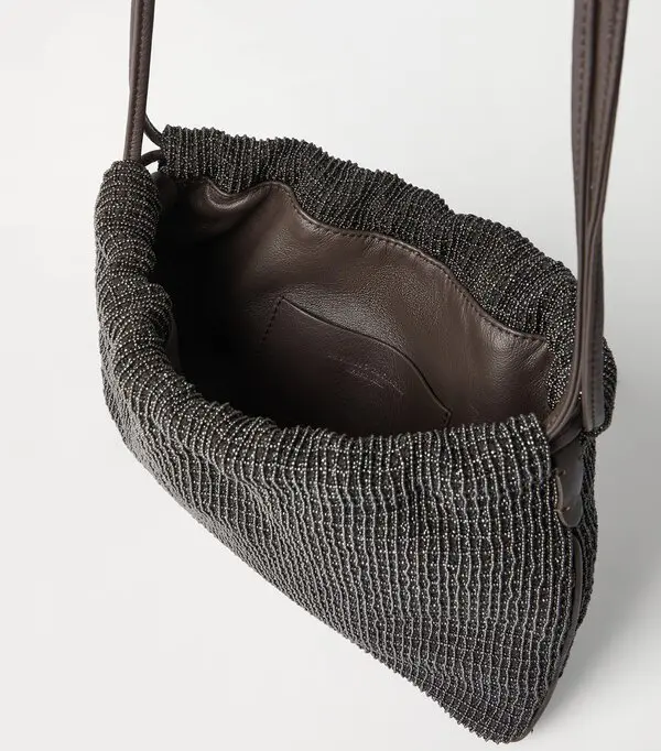 Brunello Cucinelli Leather Embellished Drawstring Cross-body Bag