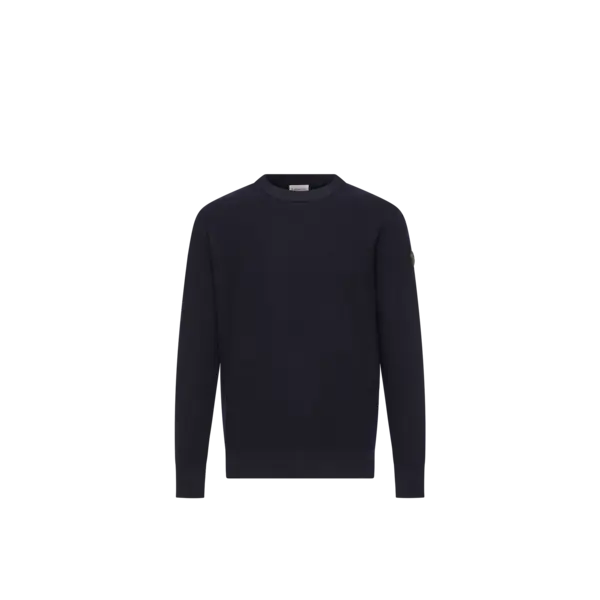 Moncler Wool Sweater With Leather Logo Detail - Blue