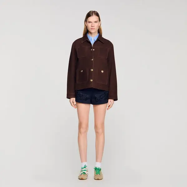 Sandro Straight-cut Suede Jacket - Black Brown