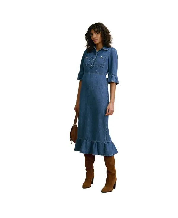 Mint Velvet Ruffle Hem Denim Midi Shirt Dress