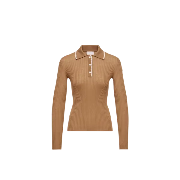 Moncler Wool Long Sleeve Polo Shirt - Beige