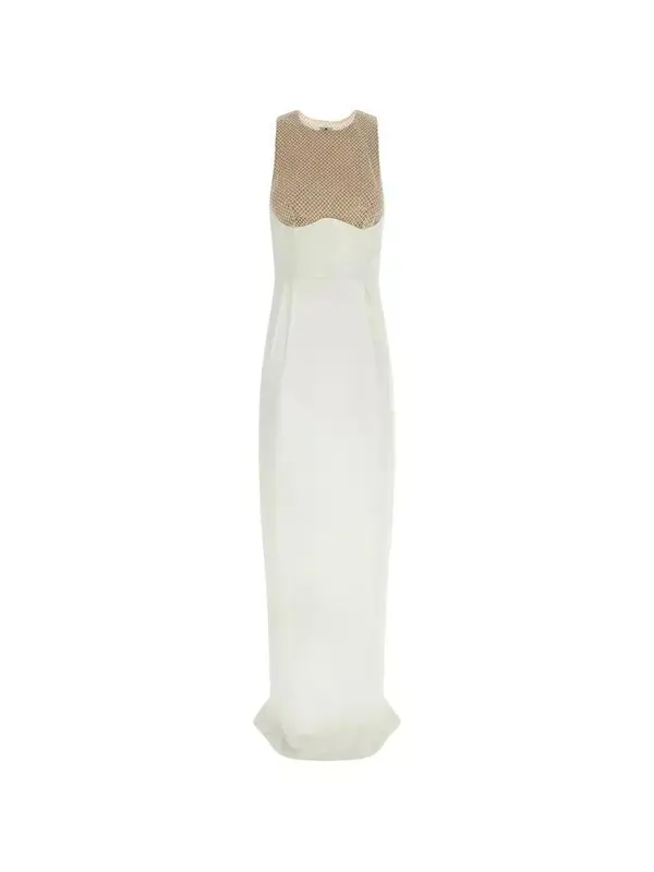 Elisabetta Franchi Maxi Dress In Lightweight Crepe With Crystal Embellishments - White
