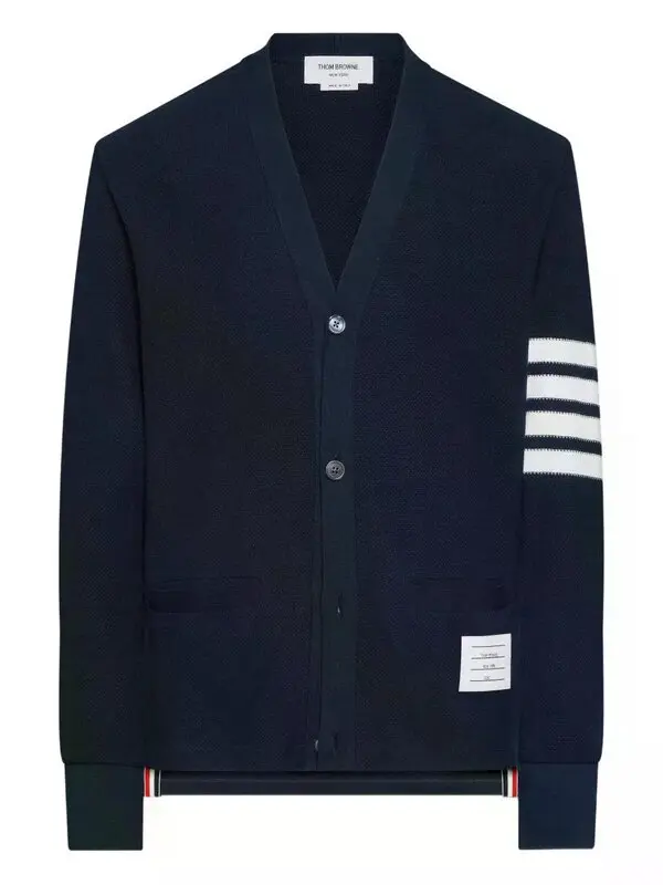 Thom Browne V-neck Cardigan With Logo Patch - Blue