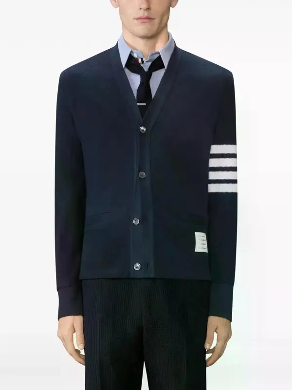 Thom Browne V-neck Cardigan With Logo Patch - Blue
