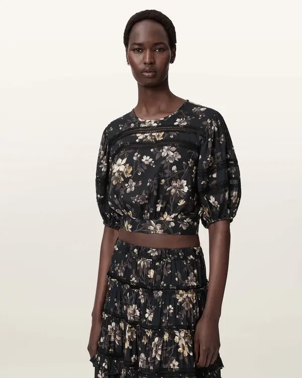 ALLSAINTS Peony Lace Trim Cropped Top - Black