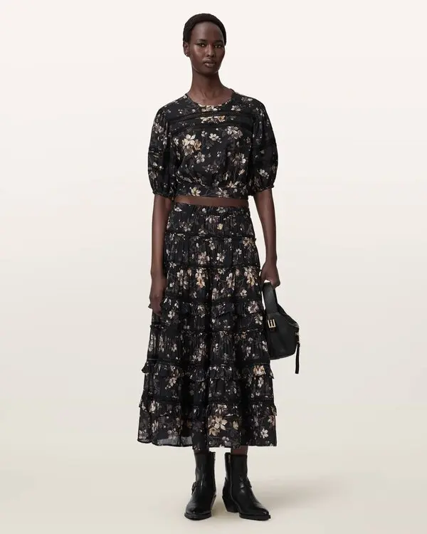 ALLSAINTS Talia Printed Tiered Midi Skirt - Black