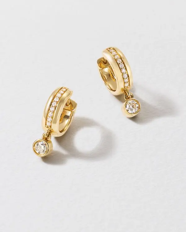ROXANNE FIRST Round Diamond Drop Hoop Earrings - Yellow Gold