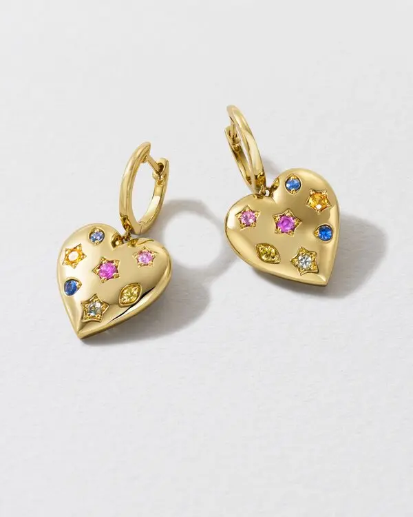ROXANNE FIRST Rainbow Sapphire Confetti Heart Hoop Earrings - Yellow Gold