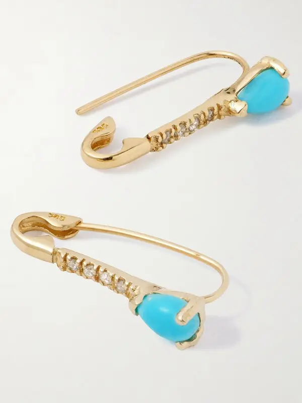 LOREN STEWART 14-karat Gold, Turquoise And Diamond Safety Pin Earring