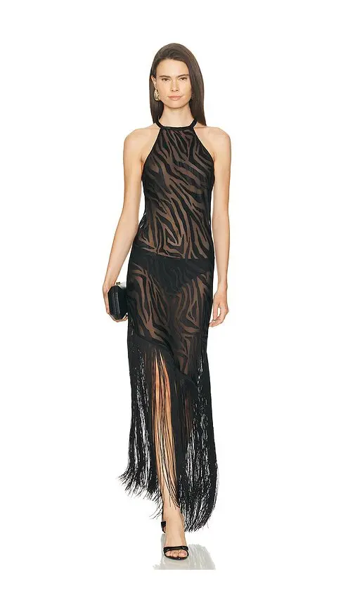 LAMARQUE Jennine Sheer Animal Print Maxi Dress With Fringe Hem - Black