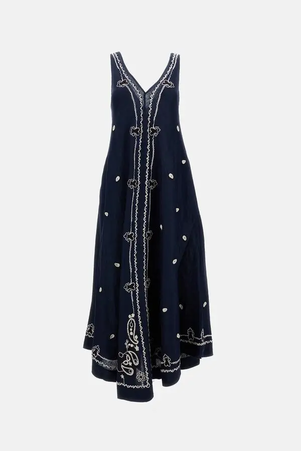 PAROSH Embroidered Linen Dress - Blue