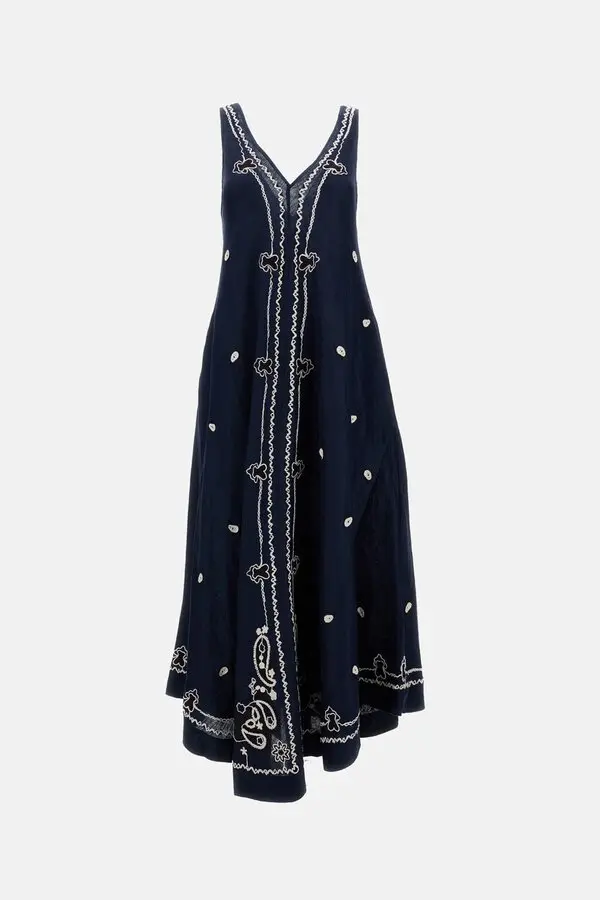 PAROSH Embroidered Linen Dress - Blue