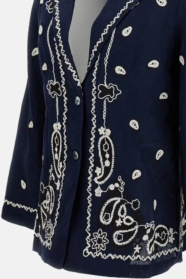 PAROSH Embroidered Linen Jacket - Blue