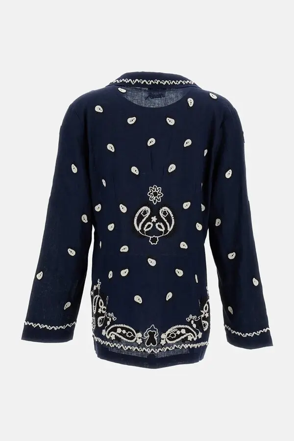 PAROSH Embroidered Linen Jacket - Blue