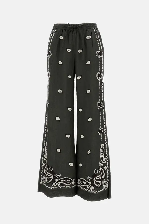 PAROSH Embroidered Linen Wide Leg Trousers - Green