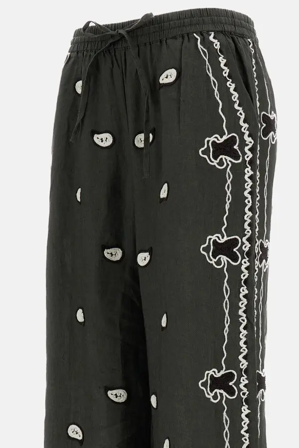 PAROSH Embroidered Linen Wide Leg Trousers - Green