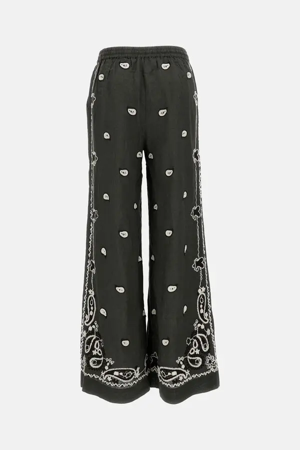 PAROSH Embroidered Linen Wide Leg Trousers - Green