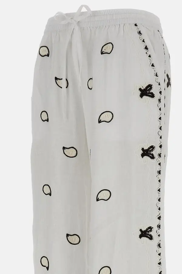 PAROSH Embroidered Wide-leg Linen Trousers - Multicolor