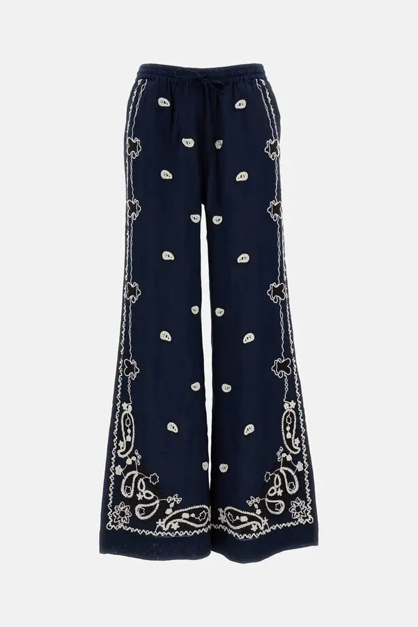 PAROSH Embroidered Linen Trousers - Blue