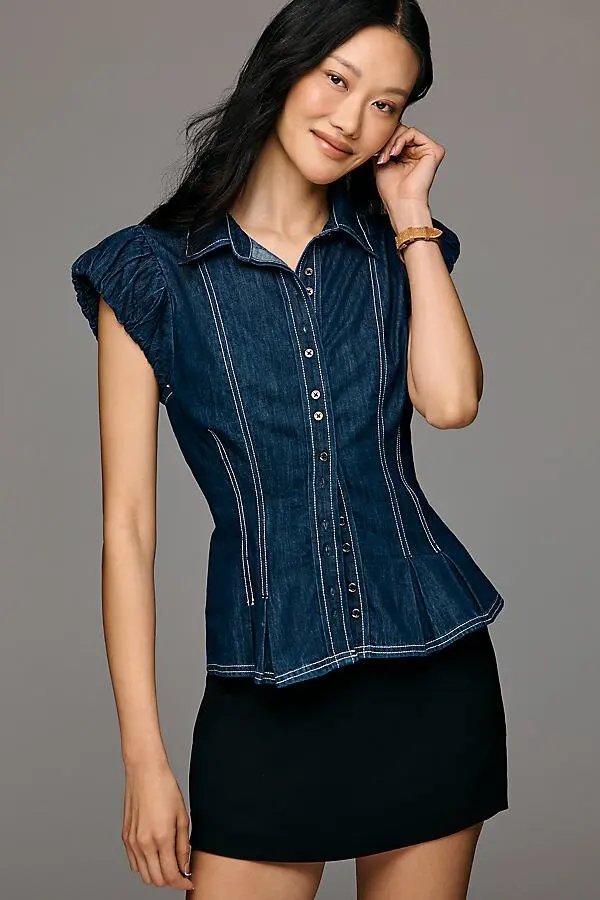 PILCRO Denim Puff Sleeve Top