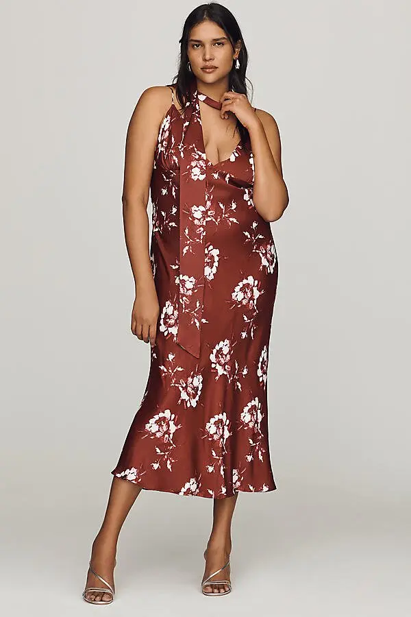Maeve Clara Scarf-neck Midi Dress - Red Pattern