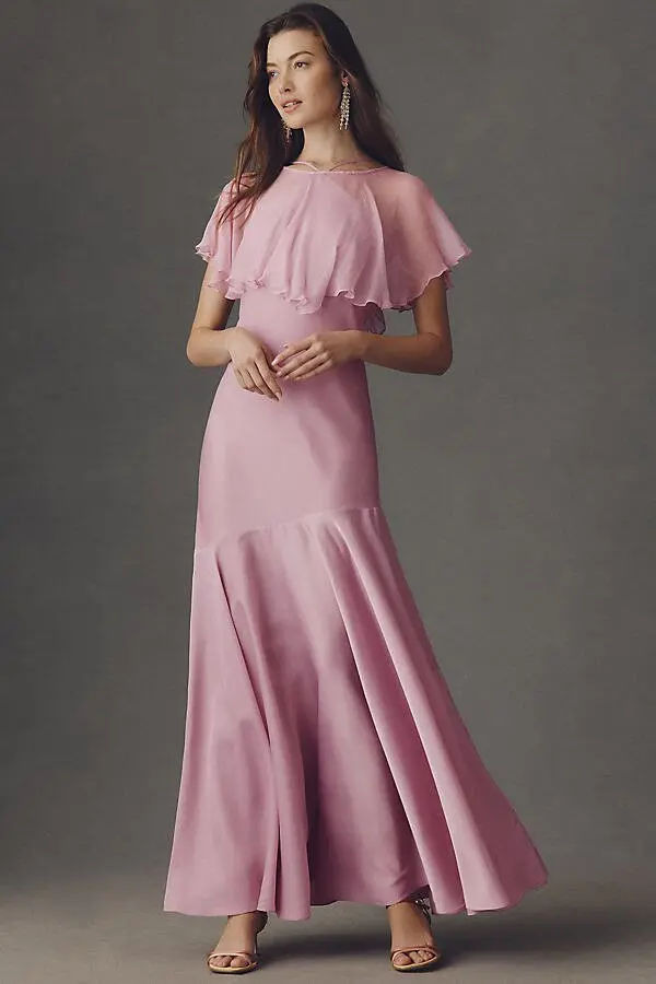 Bhldn Clara Satin Gown With Cape - Cherry Blossom Pink