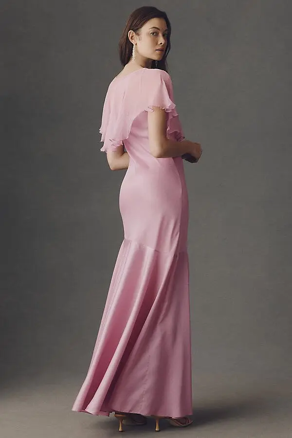 Bhldn Clara Satin Gown With Cape - Cherry Blossom Pink