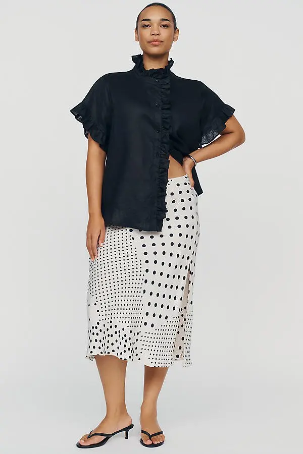 English Factory Linen Blend Ruffle Shirt Top