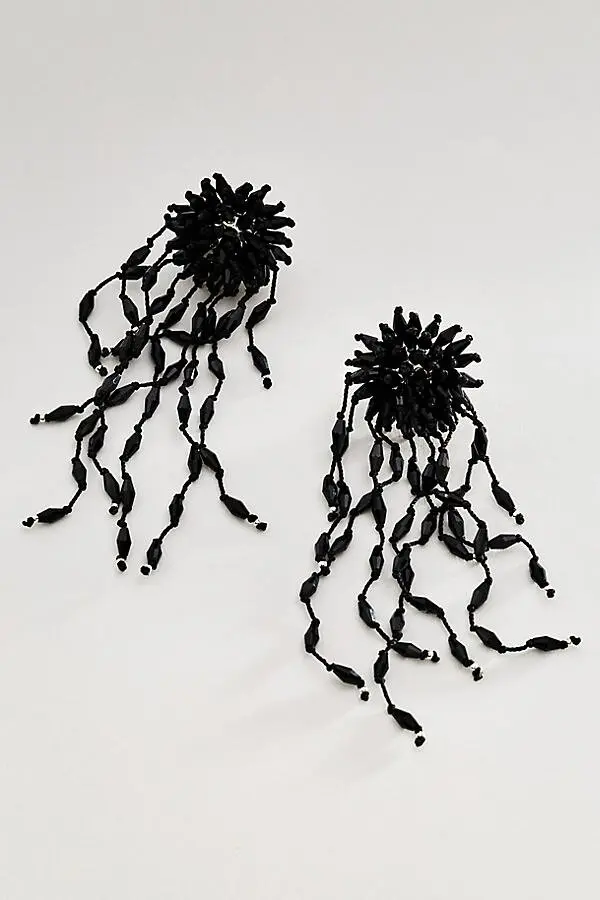 Anthropologie Beaded Fringe Statement Earrings - Black