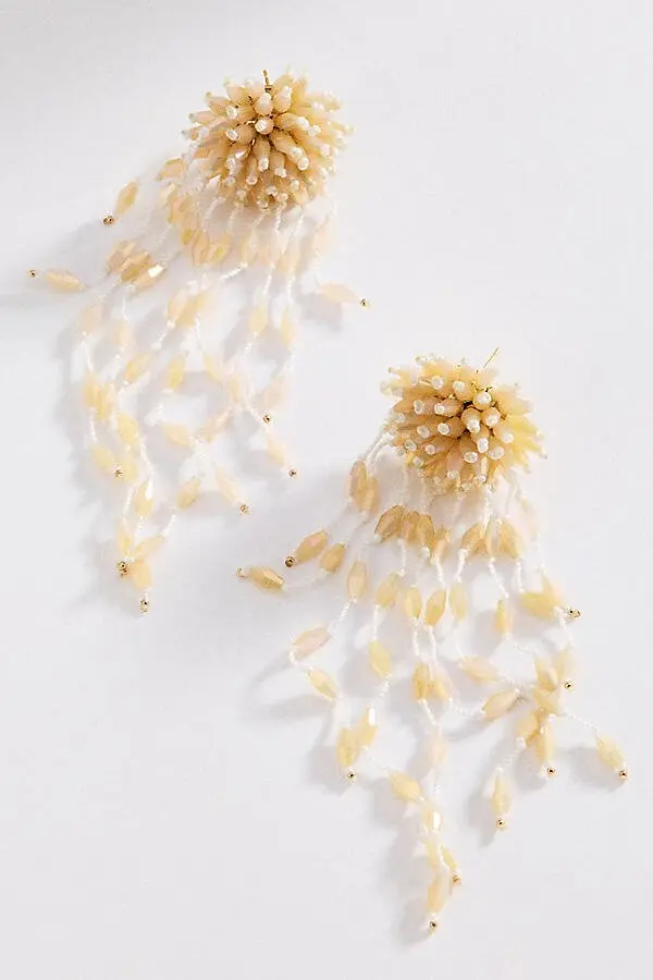 Anthropologie Beaded Fringe Statement Earrings - Ivory