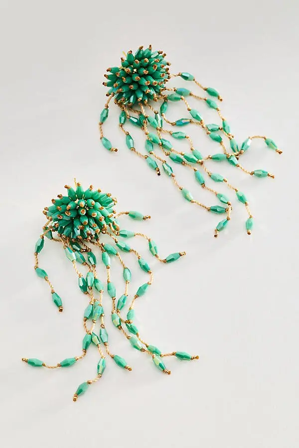 Anthropologie Beaded Fringe Statement Earrings - Teal