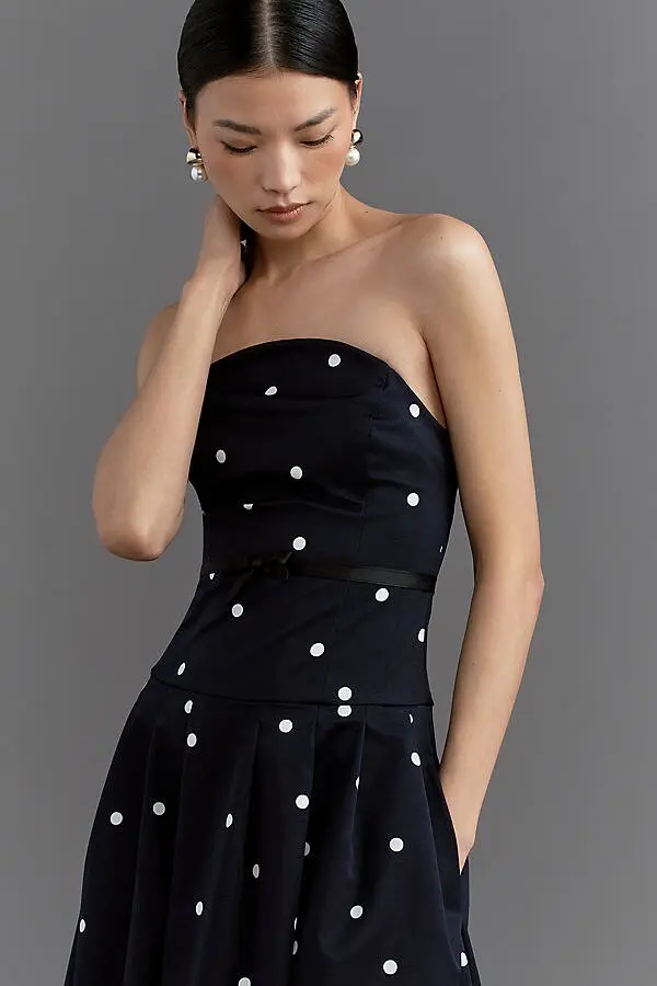Maeve Strapless Polka Dot A-Line Midi Dress In Navy - 31% Off | Editorialist
