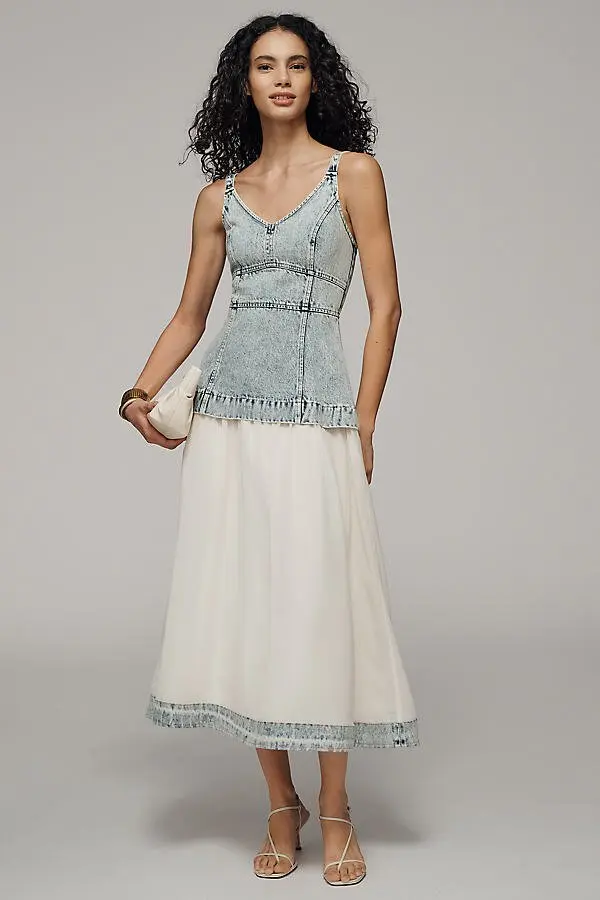 Moon River Denim V-neck Midi Dress - Denim Blue