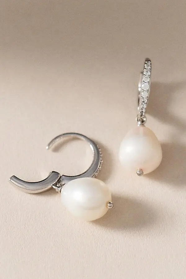 Nadri Madrid Freshwater Pearl Drop Hoop Earrings - Silver