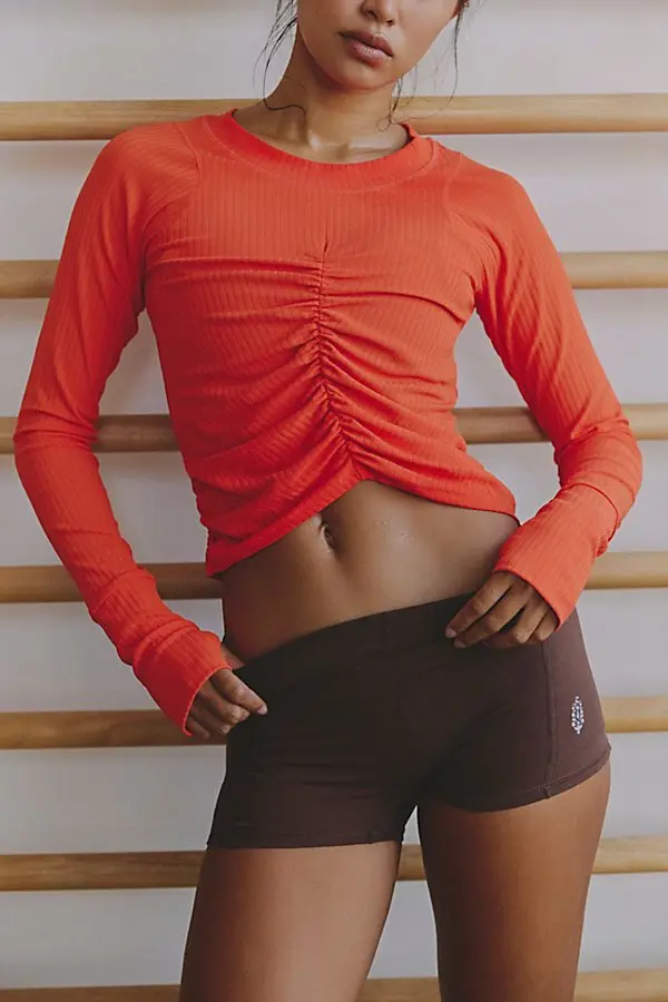 Free People Tempo Ruched Ribbed Long Sleeve - Flame