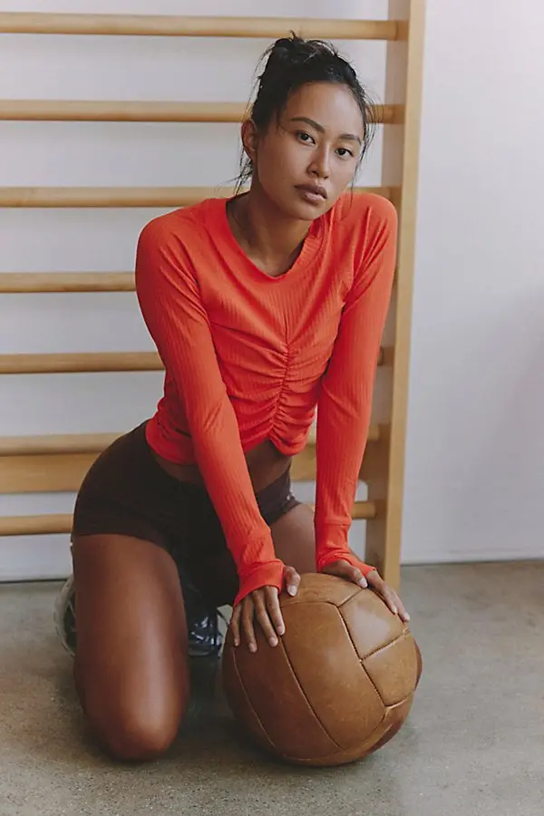 Free People Tempo Ruched Ribbed Long Sleeve - Flame