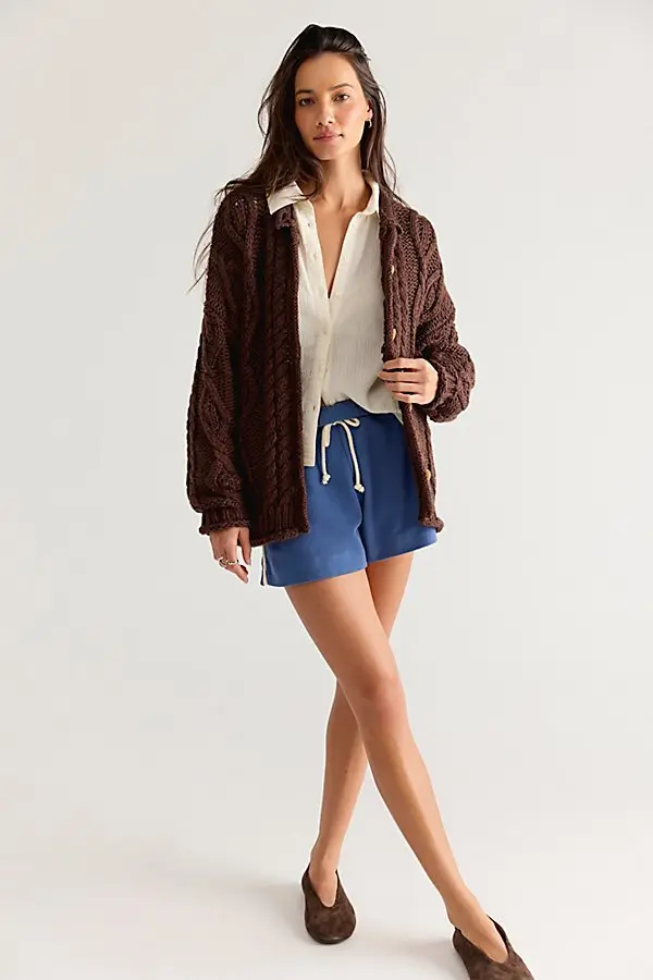 Free People Opal Knit Cardigan With Cable-knit Design - Chicory Coffee